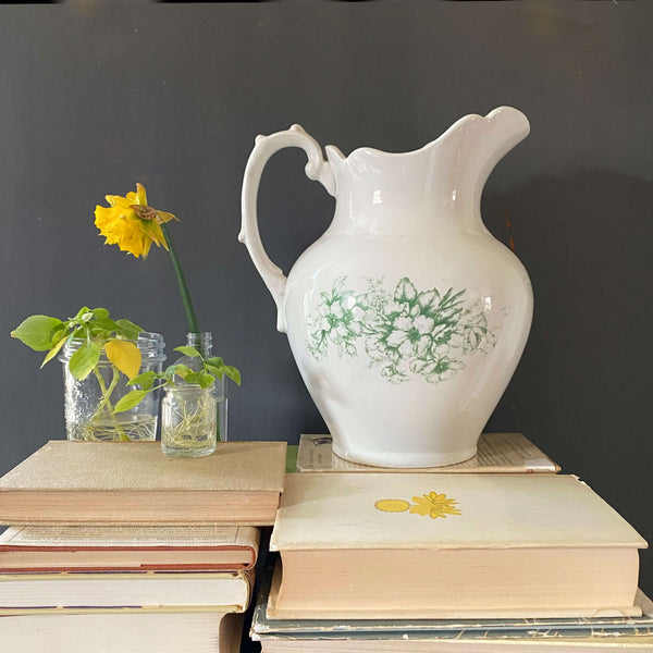 Antique Green & White Floral Wash Pitcher - East Liverpool Potteries C ...