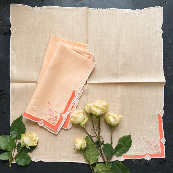 Antique Pale Peach Embroidered Silk Dinner Napkins with Monogram - Set ...