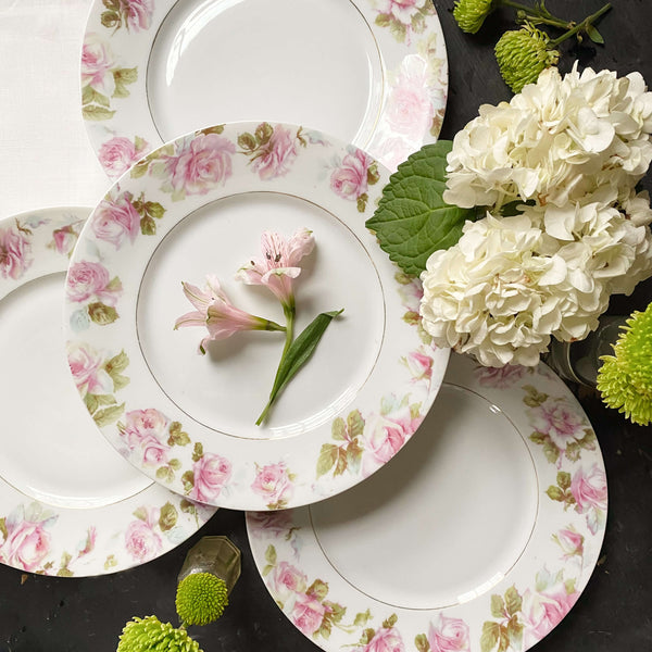 Antique Hermann Ohme Porcelain Dinner Plates with Pink Roses - Set of ...