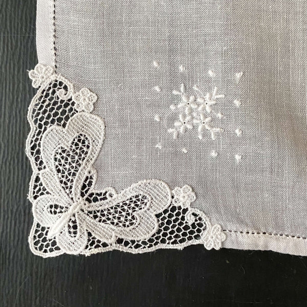 Vintage All White Embroidered Handkerchiefs with Lace Butterfly Corner ...