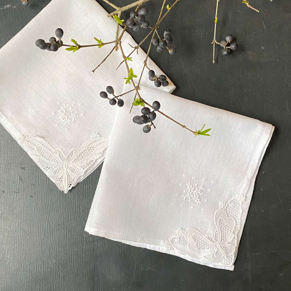 Vintage All White Embroidered Handkerchiefs with Lace Butterfly Corner ...
