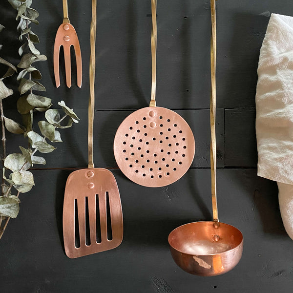 Vintage Set of Four Hanging Copper Kitchen Utensils with Twisted Brass ...