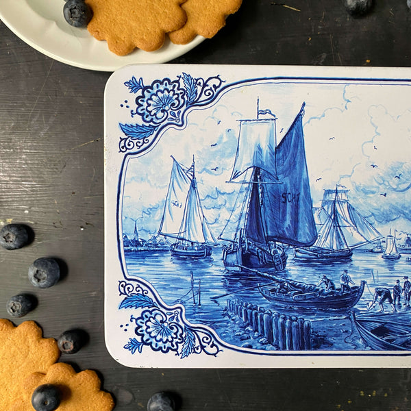 Vintage Blue and White Dutch Cookie Tin - Hellema Cookies circa 1980s ...