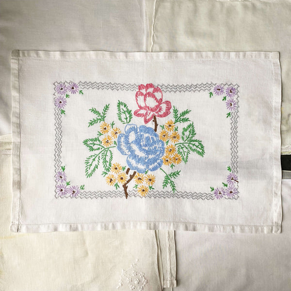Vintage Hand-Embroidered Linen Tray Liners - Set of Three Floral Mats ...