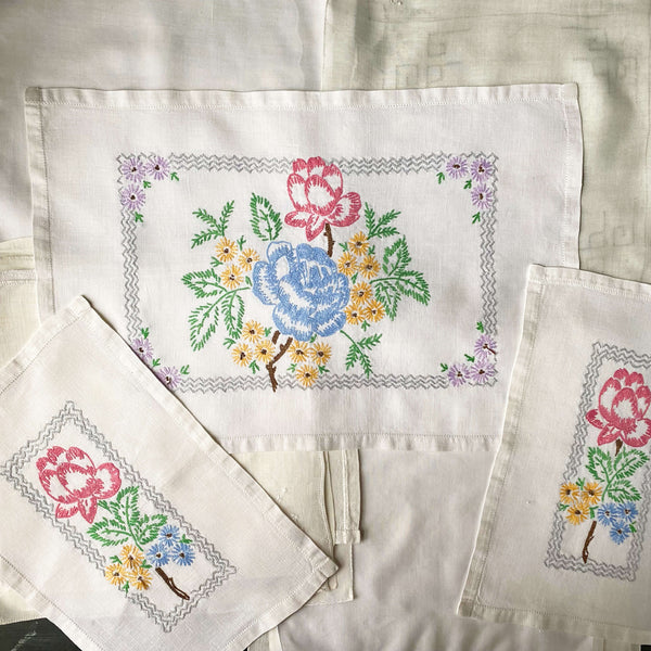 Vintage Hand-Embroidered Linen Tray Liners - Set of Three Floral Mats ...