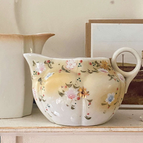 Vintage Yellow Porcelain Creamer with Handpainted Pink and Blue Flower ...