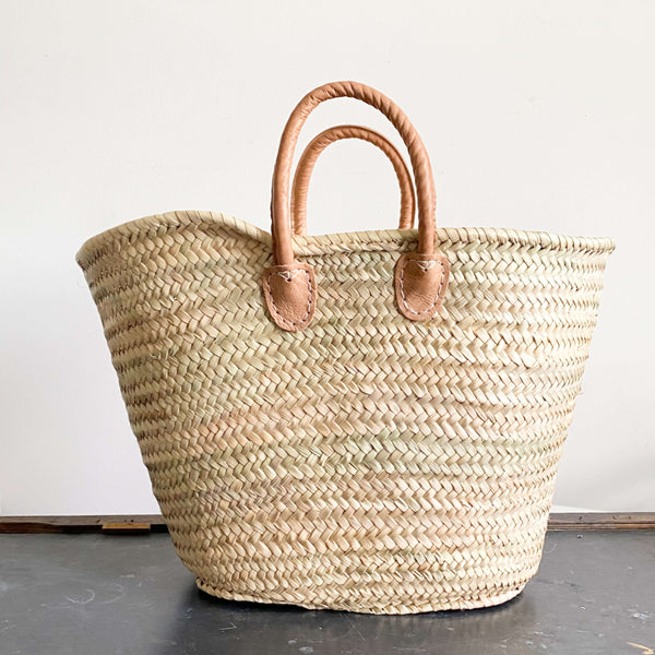 Handheld French Market Bag - Handwoven Palm Leaf Bag with Rolled Leath ...