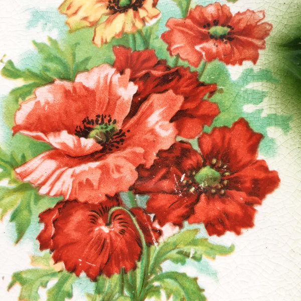Antique Red Poppy Floral Plate with Green Scalloped Edge and Gold Spra ...