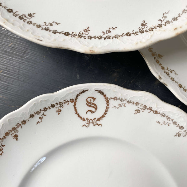 Antique Gold and White Monogrammed S Dessert Salad Plates - Set of Fou ...
