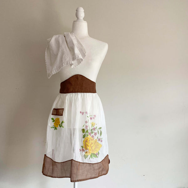 Vintage Organdy Half-Apron with Yellow Roses and Purple Flowers circa ...