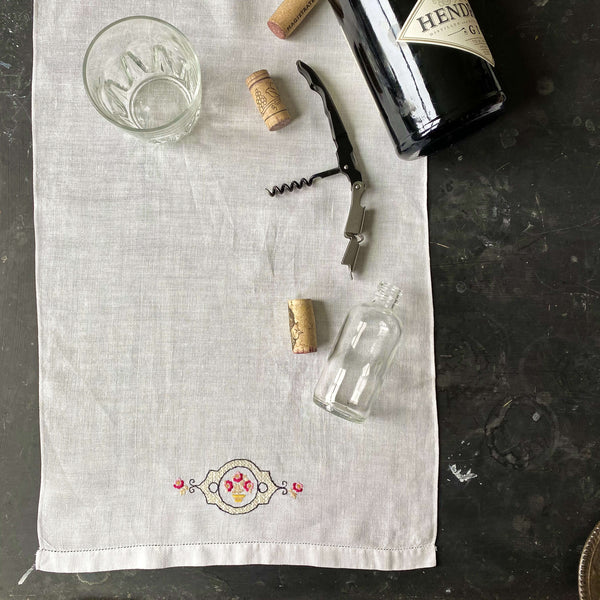 Vintage Embroidered Bar Linen Towel - Pink Rose in Flower Pot with Bla ...